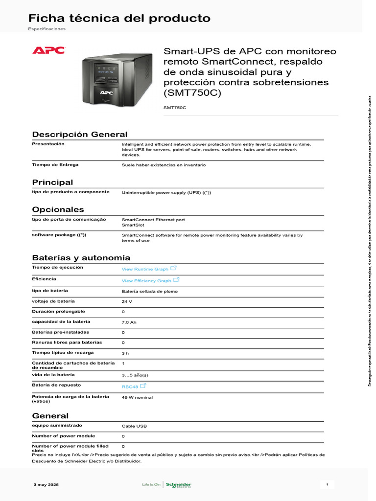 Schneider Electric - No-Break-Smart-UPS - SMT750C | PDF | Cantidades ...