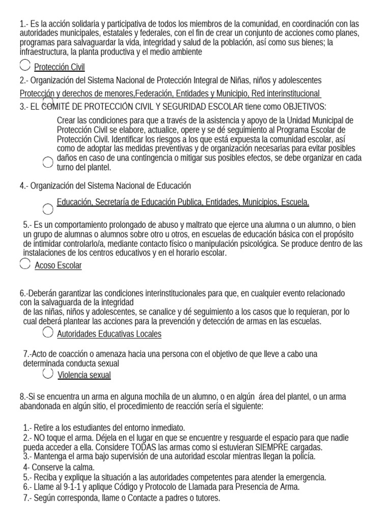 Test Programa Escolar De Protección Civil Y Seguridad Escolar Pdf