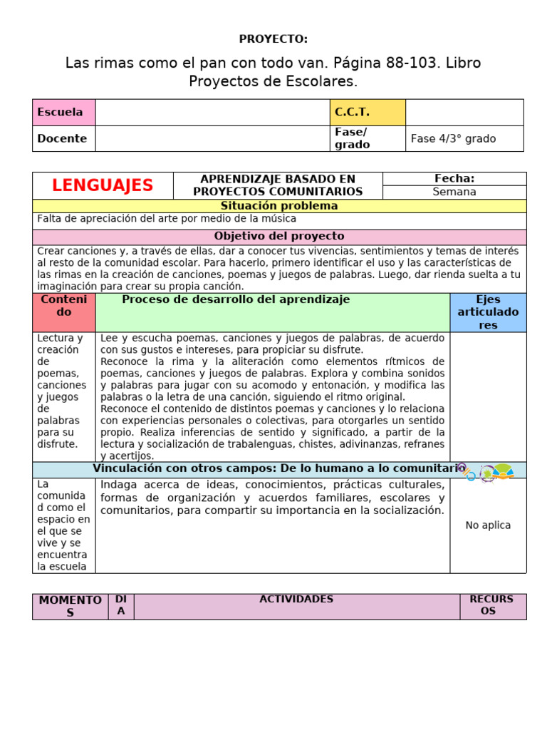 3° PROYECTO LENGUAJES LAS RIMAS COMO EL PAN CON TODO VAN LIBRO PE | PDF ...