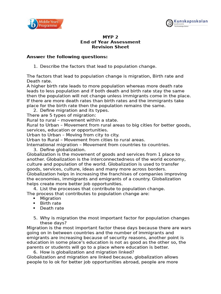 MYP 2 Revision Sheet 2nd May | PDF | Human Migration | Globalization