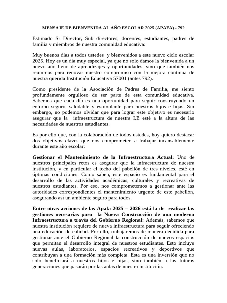 Mensaje Del Presidente de Apafa 2025 - 792 | PDF | Aprendizaje