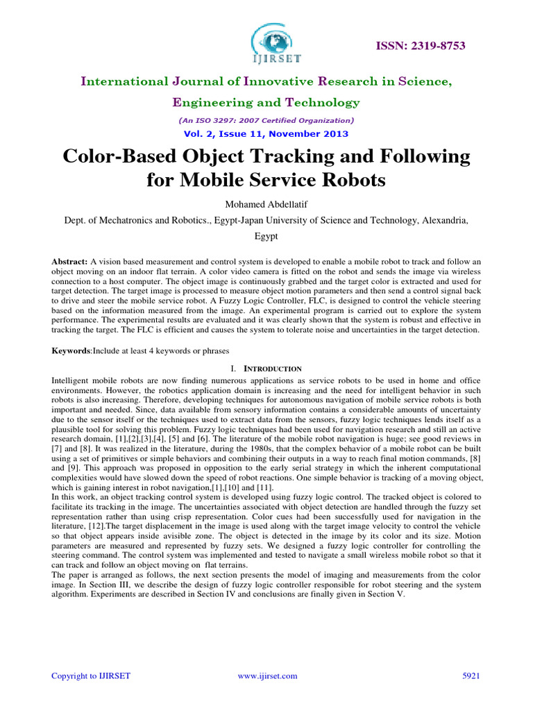 Color Based Object Tracking and Followin | PDF | Image Segmentation | Fuzzy Logic