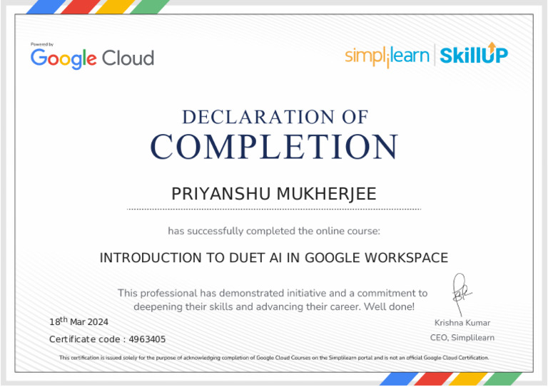 Introduction To Duet Ai in Google Workspace Certificate | PDF