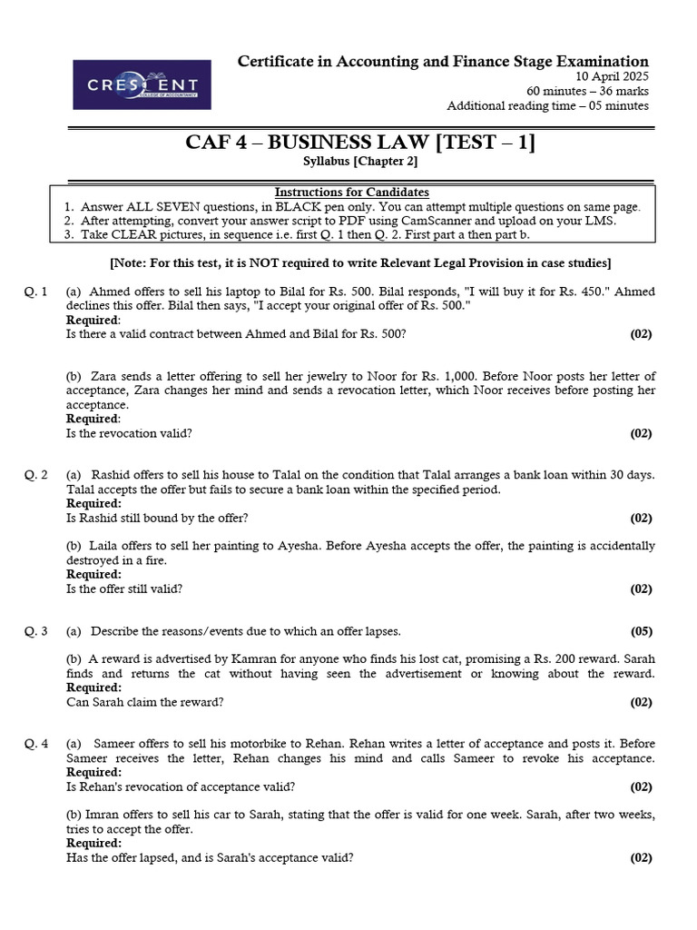 Test 1 Question Paper CAF4 (10-Apr-2025) | PDF | Private Law