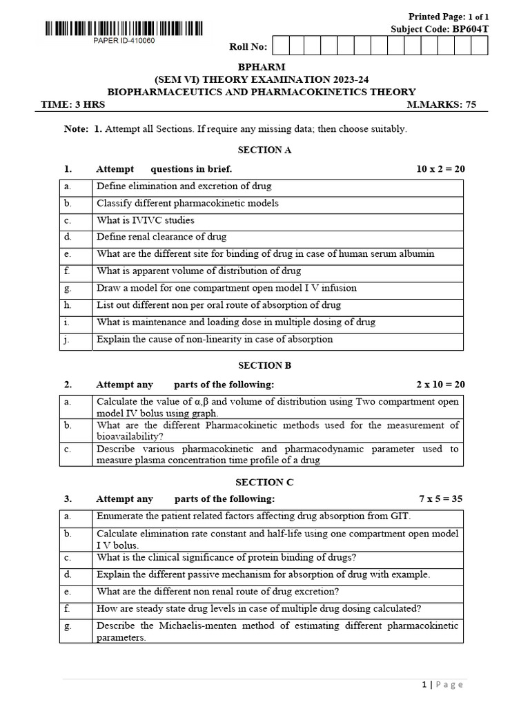 Bpharm 6 Sem Biopharmaceutics and Pharmacokinetics Bp604t Jun 2024 | PDF | Pharmacokinetics ...