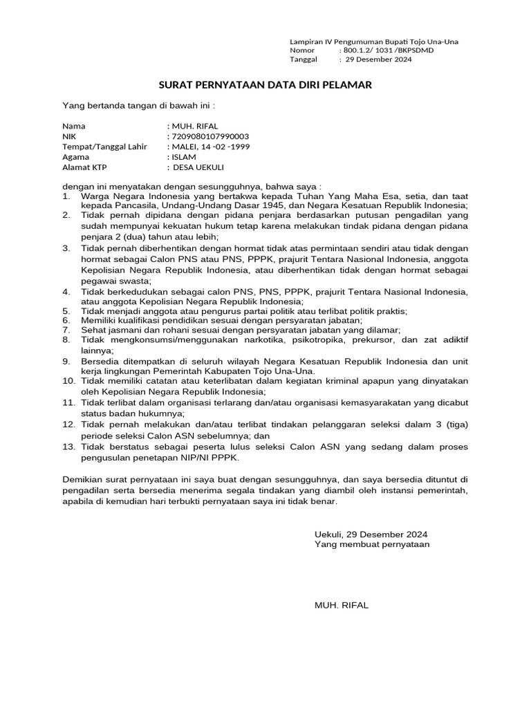 Surat Pernyataan Data Diri | PDF