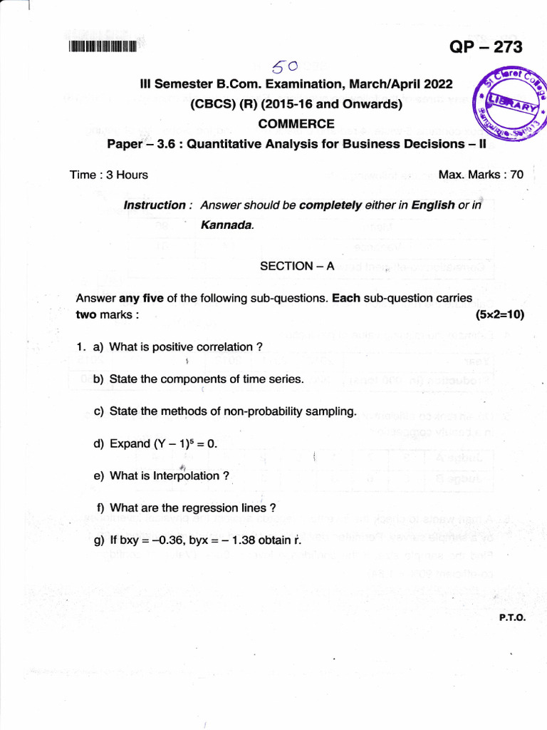 B.Com. Quantitative Analysis Exam Paper | PDF | Regression Analysis ...