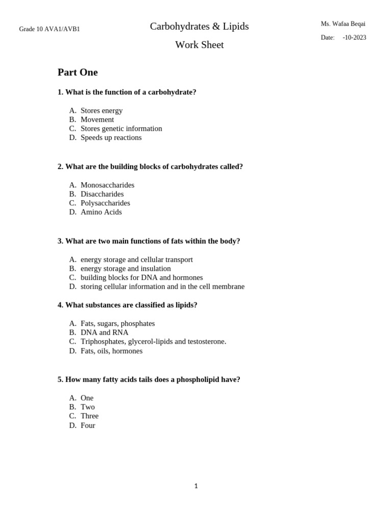 Carbohydrates and Lipids WorkSheet | PDF
