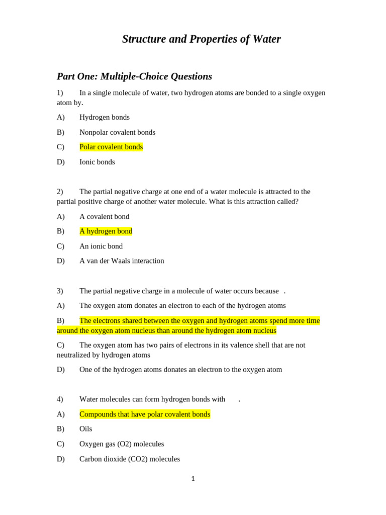 Water Structure and Properties Worksheet | PDF | Properties Of Water ...