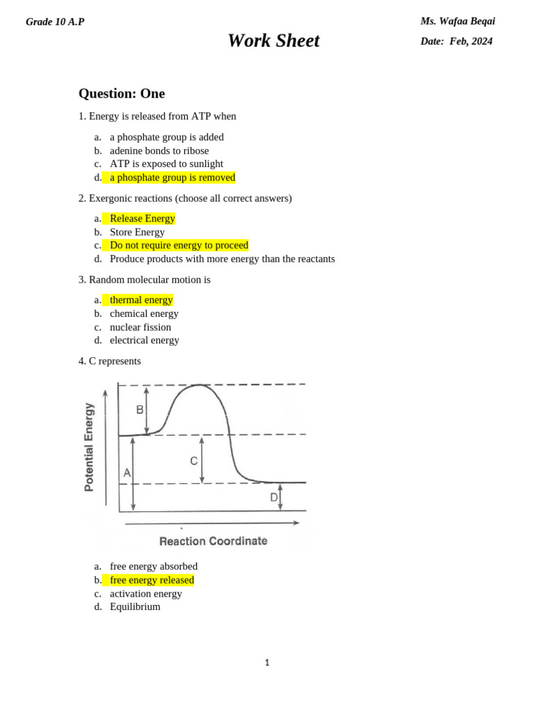 Energy and Life WorkSheet A.K | PDF | Chemical Reactions | Adenosine ...