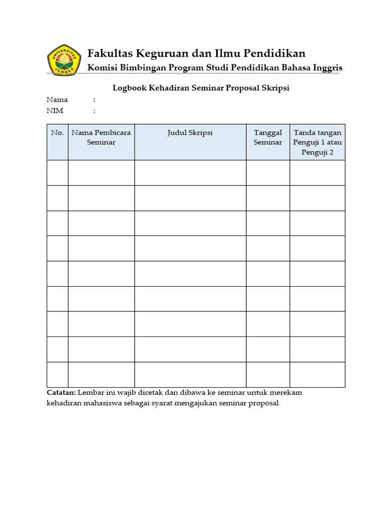 Logbook Kehadiran Seminar Proposal | PDF