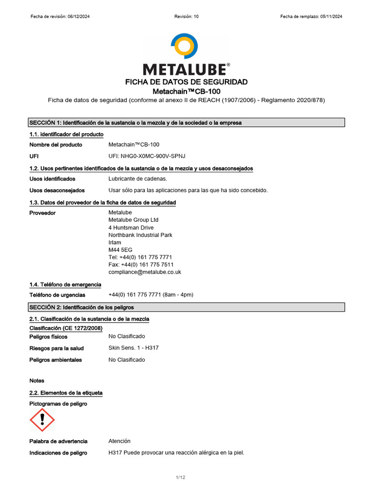 fds- Aceite Metachain Cb-100 | PDF | Residuos | Toxicidad