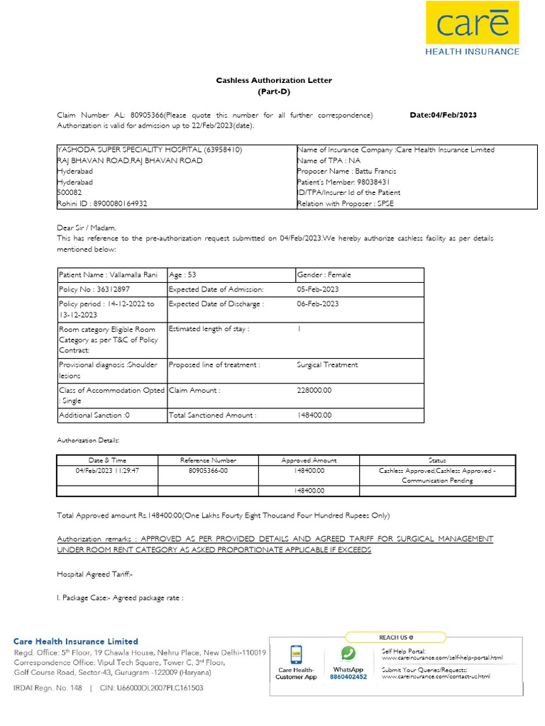 Cashless Authorization Letter (Part-D) Date:04/Feb/2023 | PDF ...