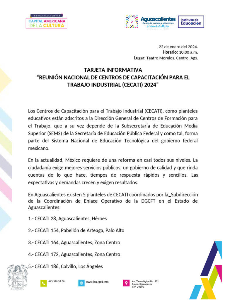 Tarjeta Informativa Reunión Nacional de Cecati 2024 | PDF | México