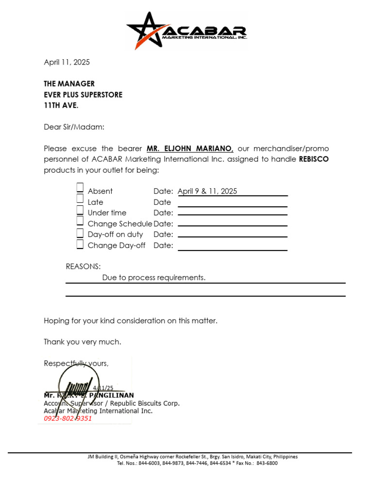 Absence Excuse Letter for Employee | PDF