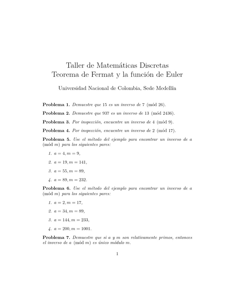 Taller Teorema Fermat Euler | PDF