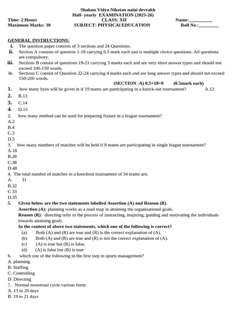 Class XII Physical Education Exam 2025-26 | PDF | Eating Disorder ...