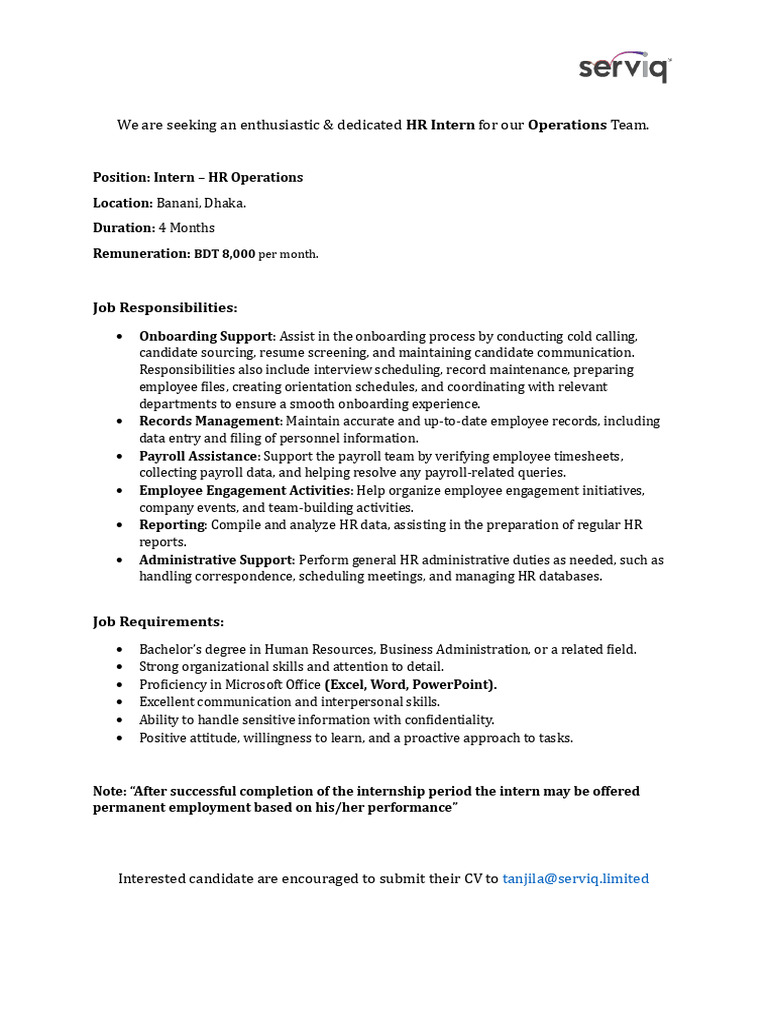 HR Intern Position at Serviq BPO | PDF
