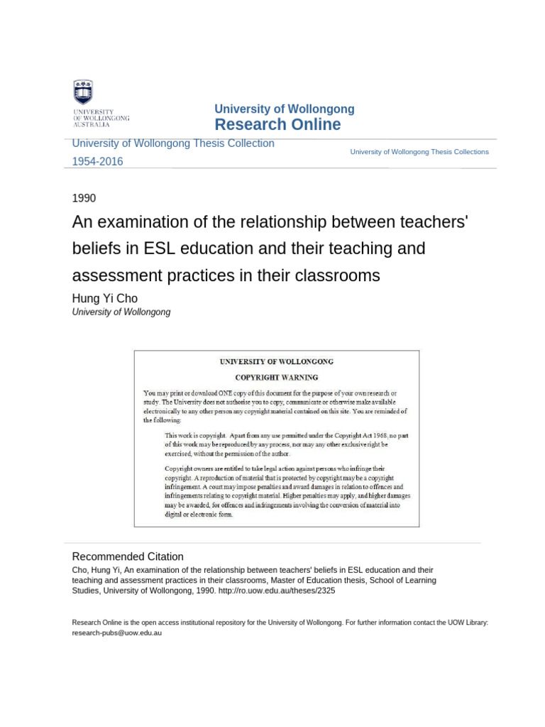 An Examination of The Relationship Between Teachers Beliefs in E | PDF ...