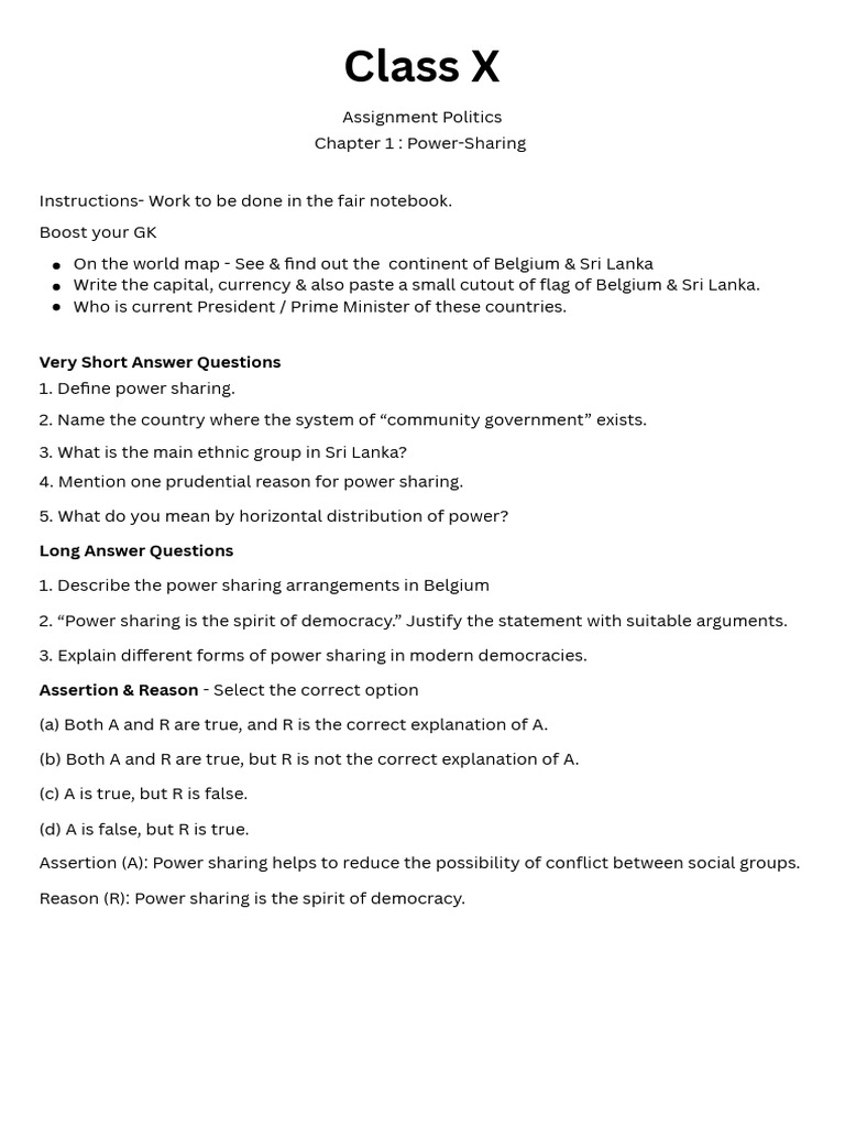 Class X Power-Sharing Assignment | PDF