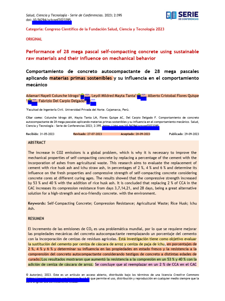 Performance of 28 Mega Pascal Self-Compacting Concrete Using Sustainable Raw Materials and Their ...