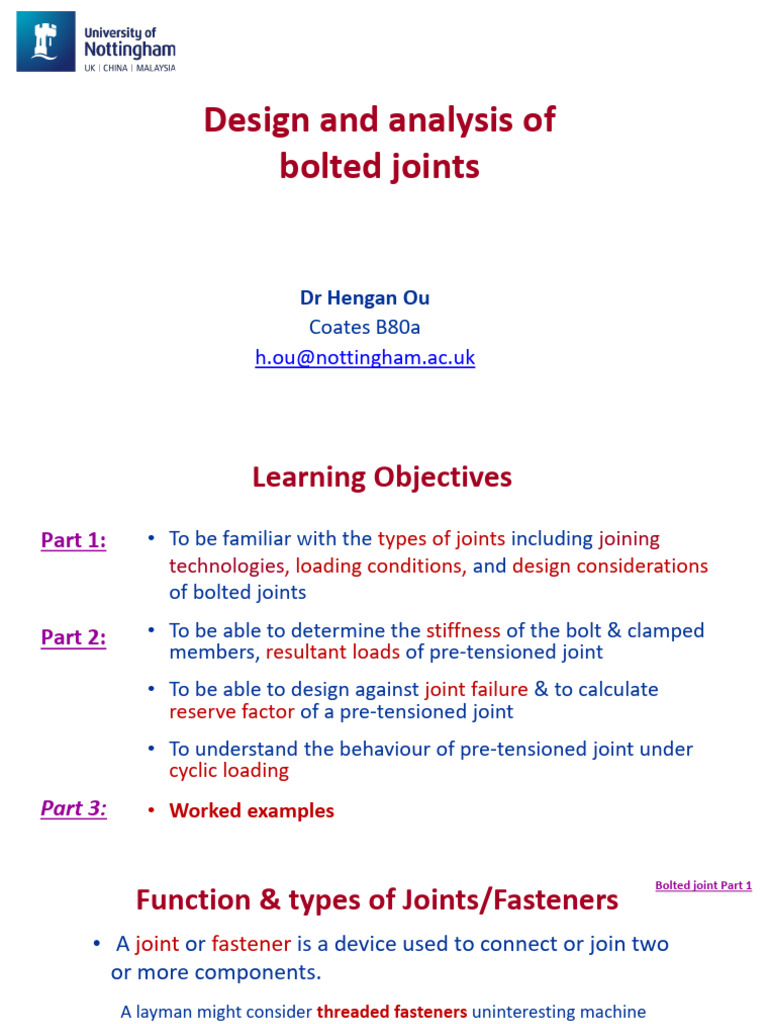Lecture 8 Bolted Joints - v1.1 | PDF | Screw | Rivet