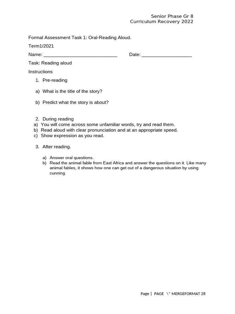 TEN EFAL SenPh GR 8 SBA Task 1 Reading Aloud HM 29112021 | PDF | Learning | Human Communication
