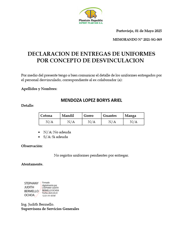 Memorando de Entrega de Uniforme Mendoza Lopez Borys | PDF