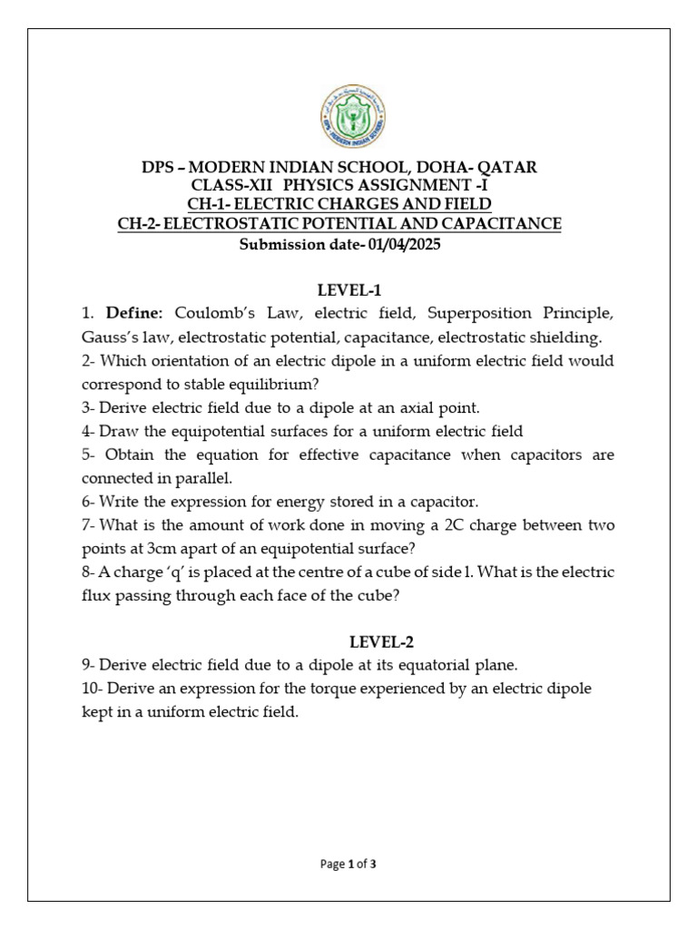 Physics Assignment-I 25-26 | PDF | Capacitance | Capacitor
