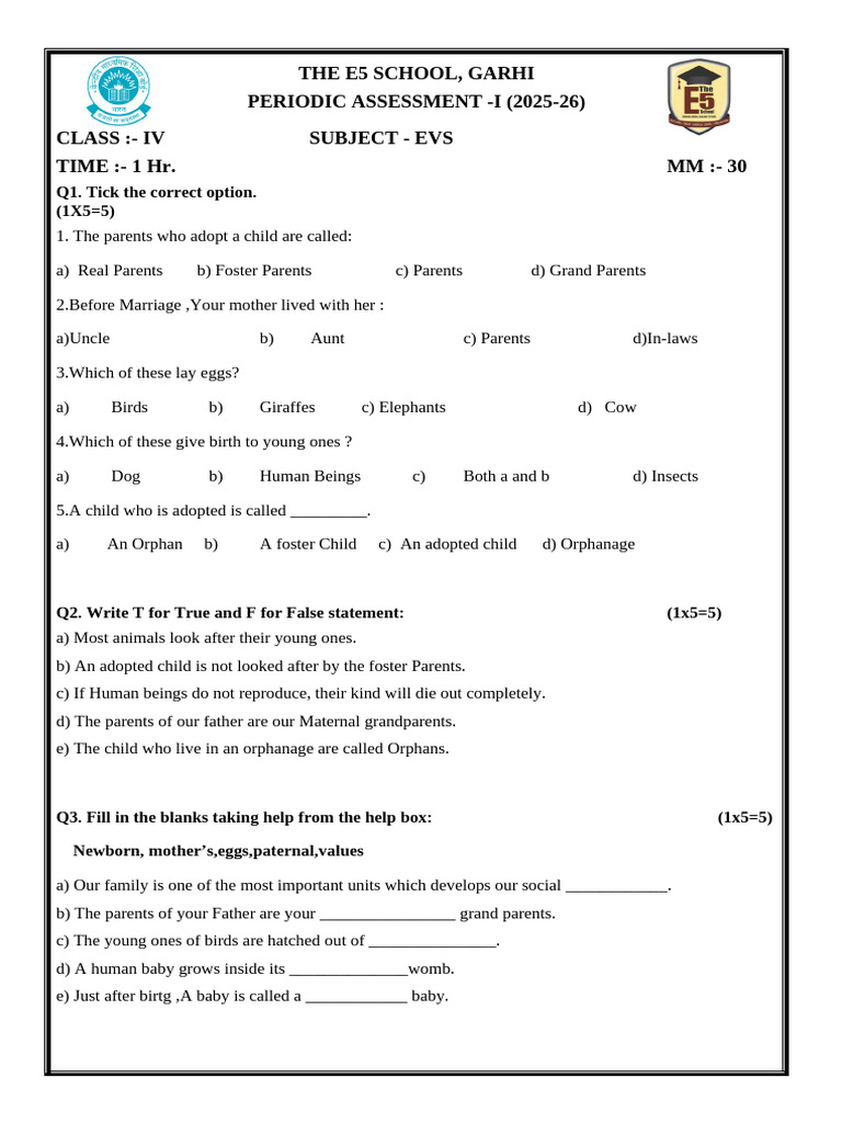4th class p a 1 evs paper (1) | PDF | Parent | Family
