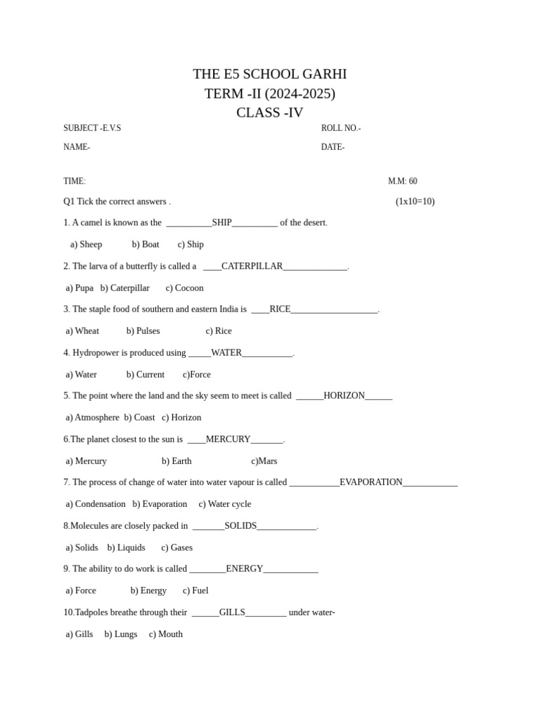 4th Class Set 1 Answer Key | PDF | Water | Earth