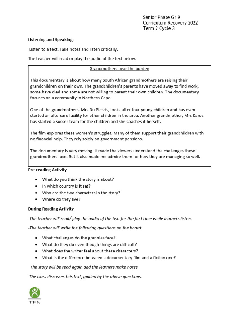 Grade 9 EFAL Cycle 3 Worksheets Term 2 JD 04052022 | PDF | Grandparent ...