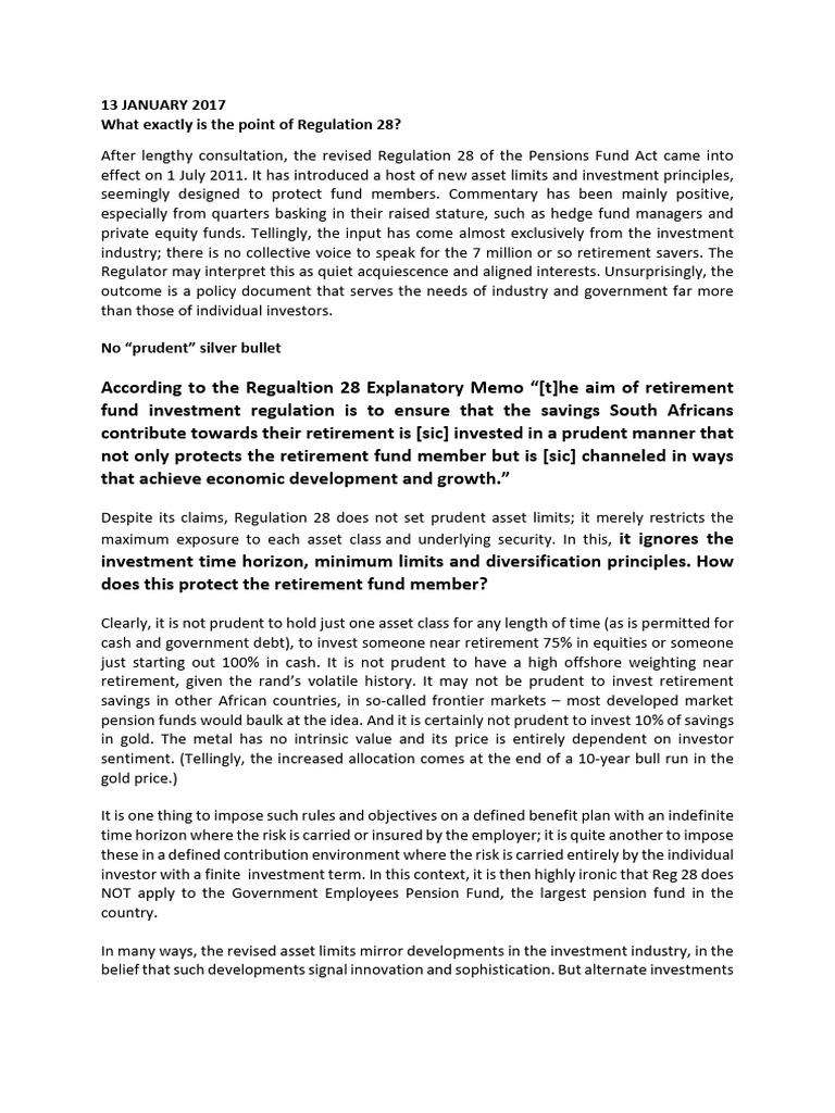 Definition of Regulation 28 | PDF | Investing | Pension Fund