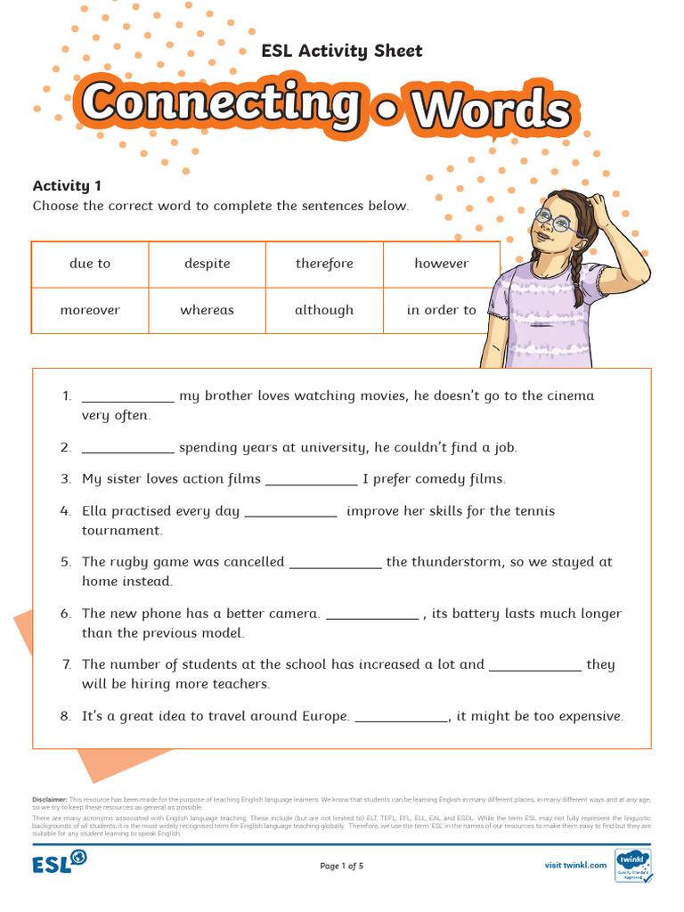 ESL Connecting Words Activity Sheet | PDF | English As A Second Or ...
