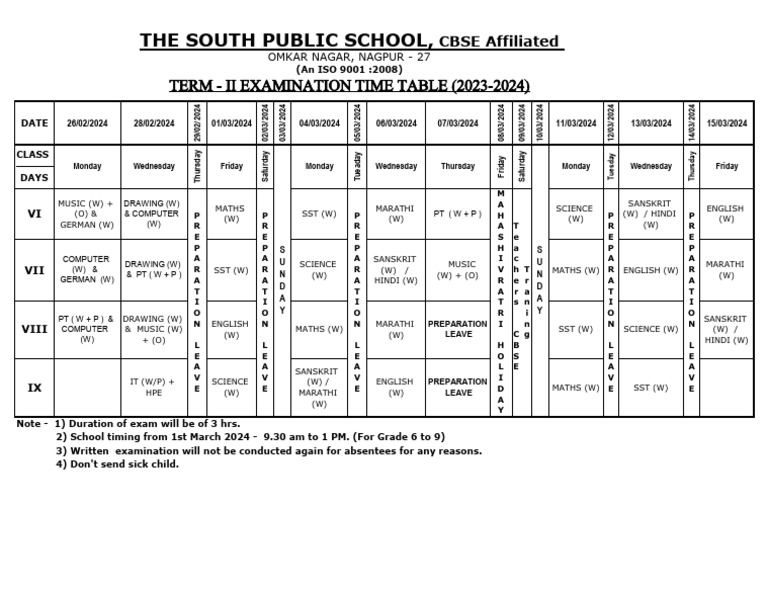 TIME TABLE - TERM II (6th To 9th) | PDF