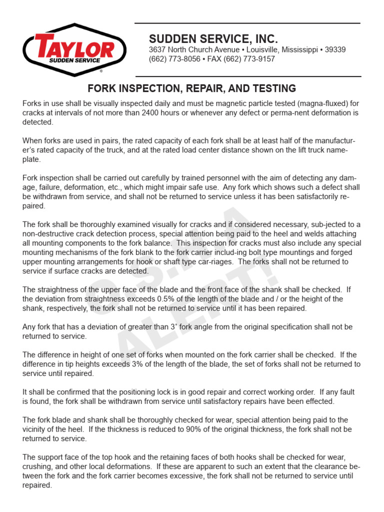SSI-141 Fork Inspection | PDF | Mechanical Engineering | Applied And ...