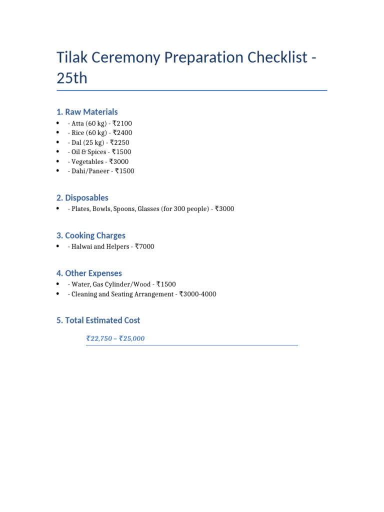 Tilak Ceremony Items Checklist | PDF