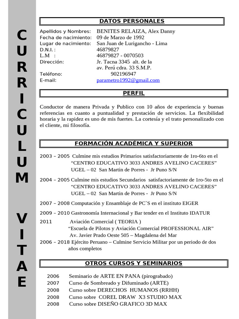 C.V Alex Danny Benites Relaiza | PDF | Microsoft | Microsoft Windows