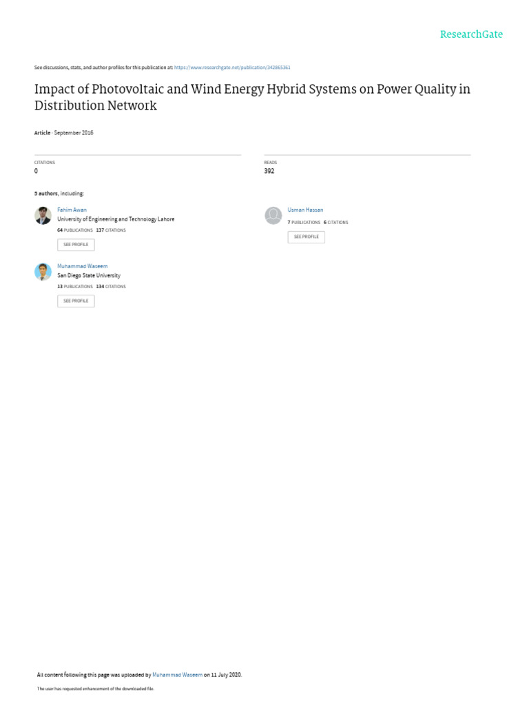 Impactof Photovoltaicand Wind Energy Hybrid Systemson Power Qualityin Distribution Network | PDF ...