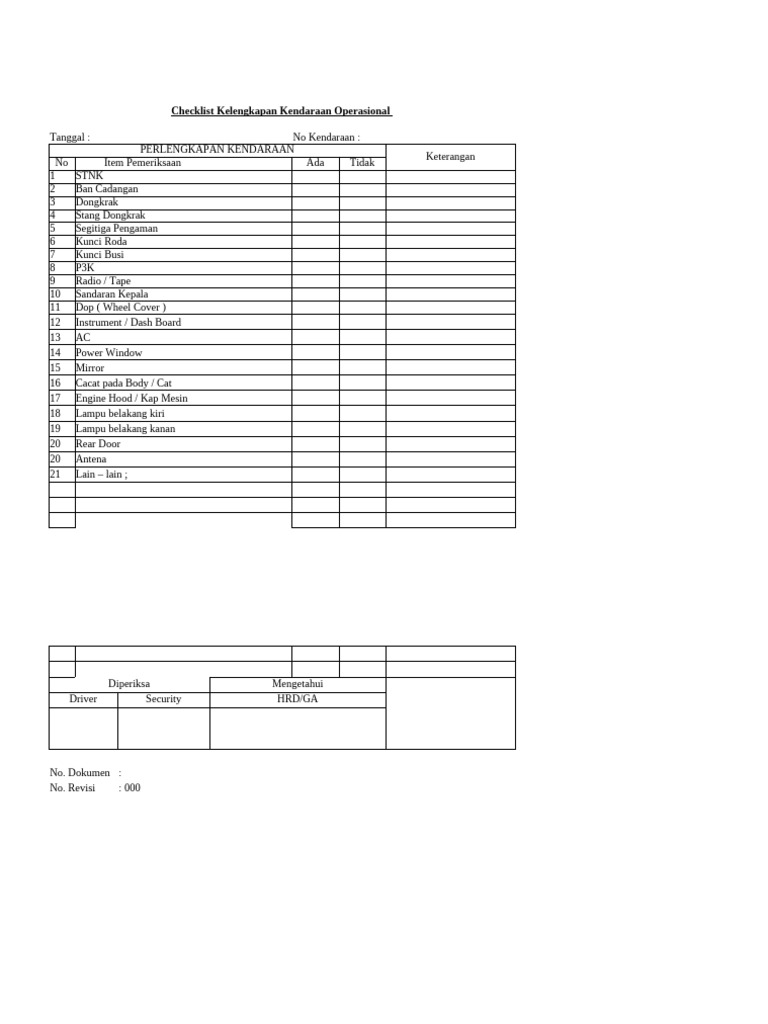 Form Checklist Kendaraan Operational | PDF