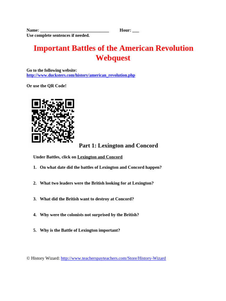 Important Battles of the American Revolution Webquest | PDF | Military ...