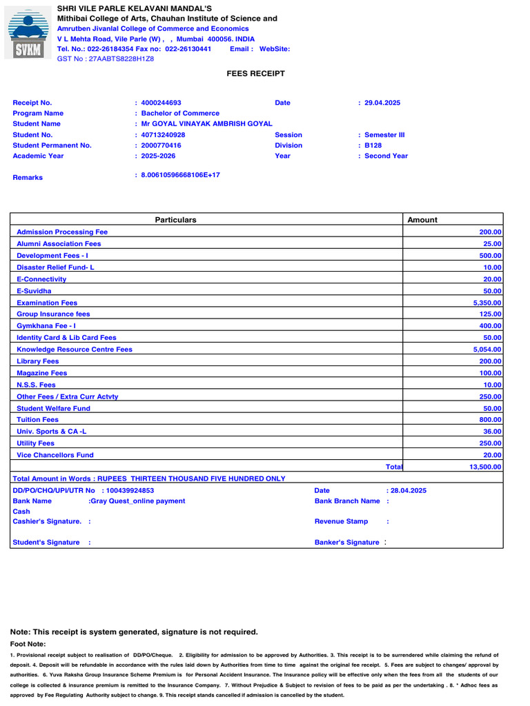 Mithibai College Tuition Fee Receipt | PDF | Banks | Money