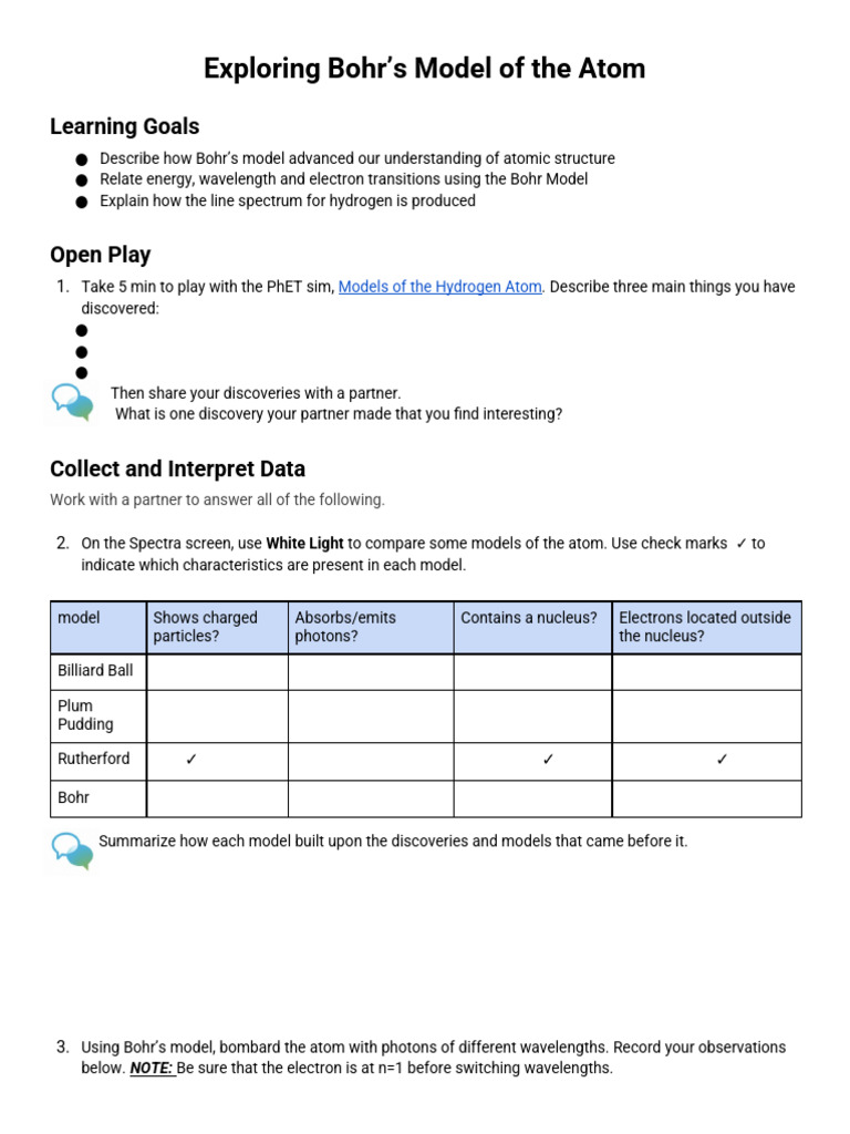 Exploring Bohrs Model of The Atom-Activity Sheet | PDF | Electron | Atoms