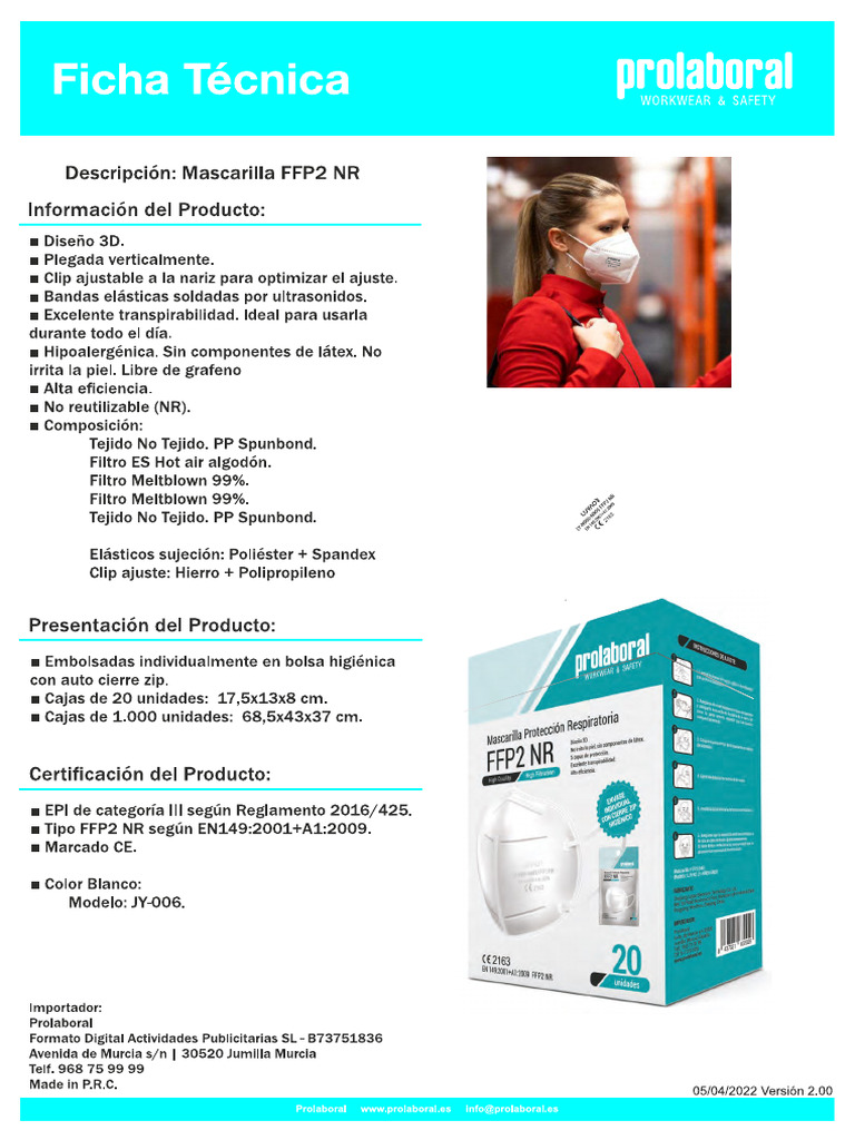 Mascarilla Prolaboral Ficha Tecnica Jy 006 y Ly n900 Blanca (1) | PDF