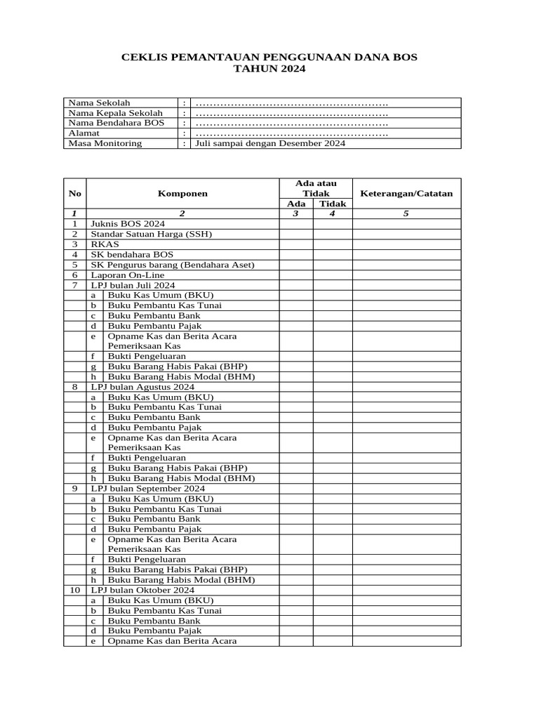 Ceklis Monitoring BOS Juli - Des 2024 | PDF