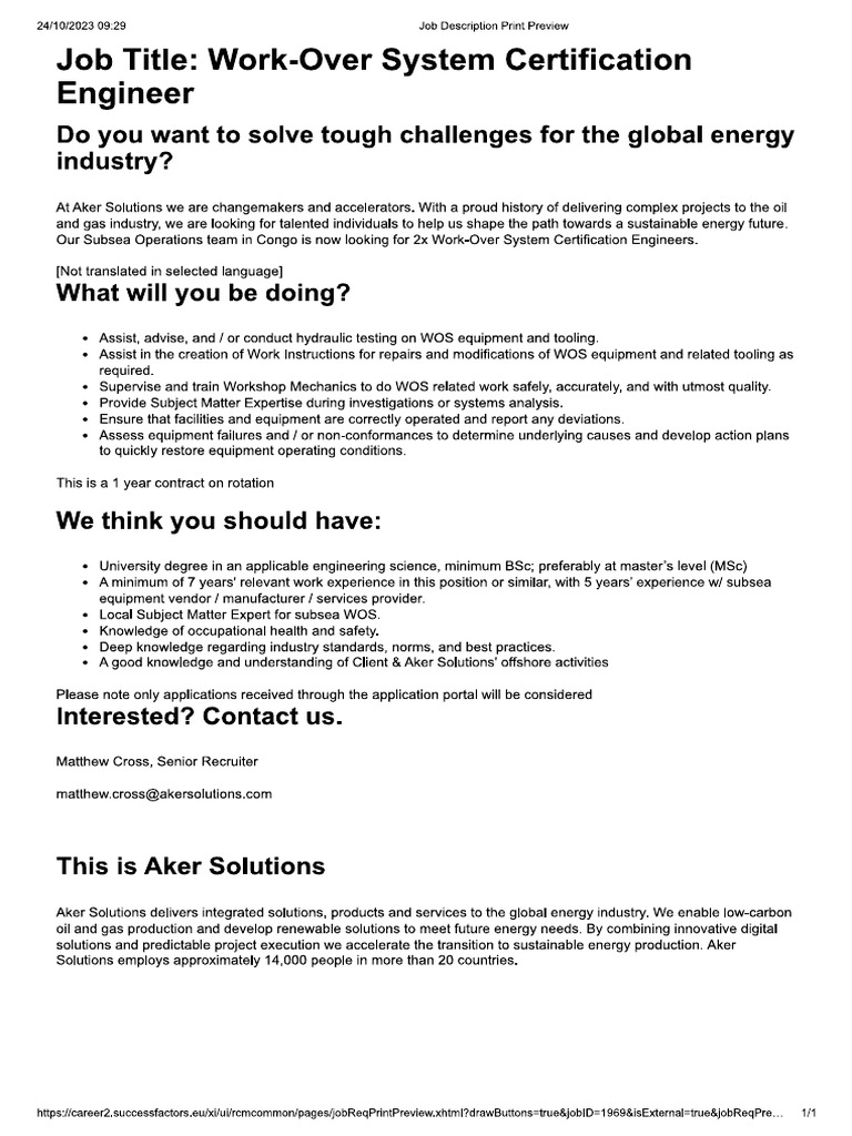 Work-Over System Certification Engineer | PDF