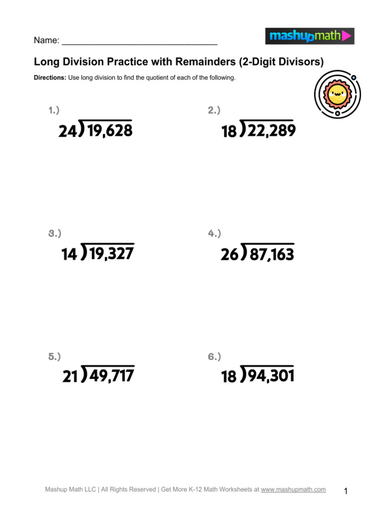 Long+Division+Practice+With+Remainders+(2 Digit+Divisors)+(a) | PDF