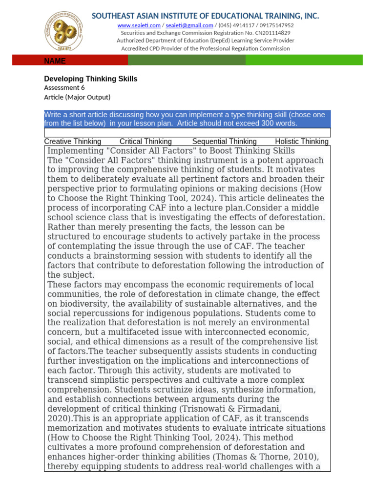 RUBIO - ANN SHARMAIN - ThinkingSkillsAssessment6-230712-161016 | PDF | Thought | Learning