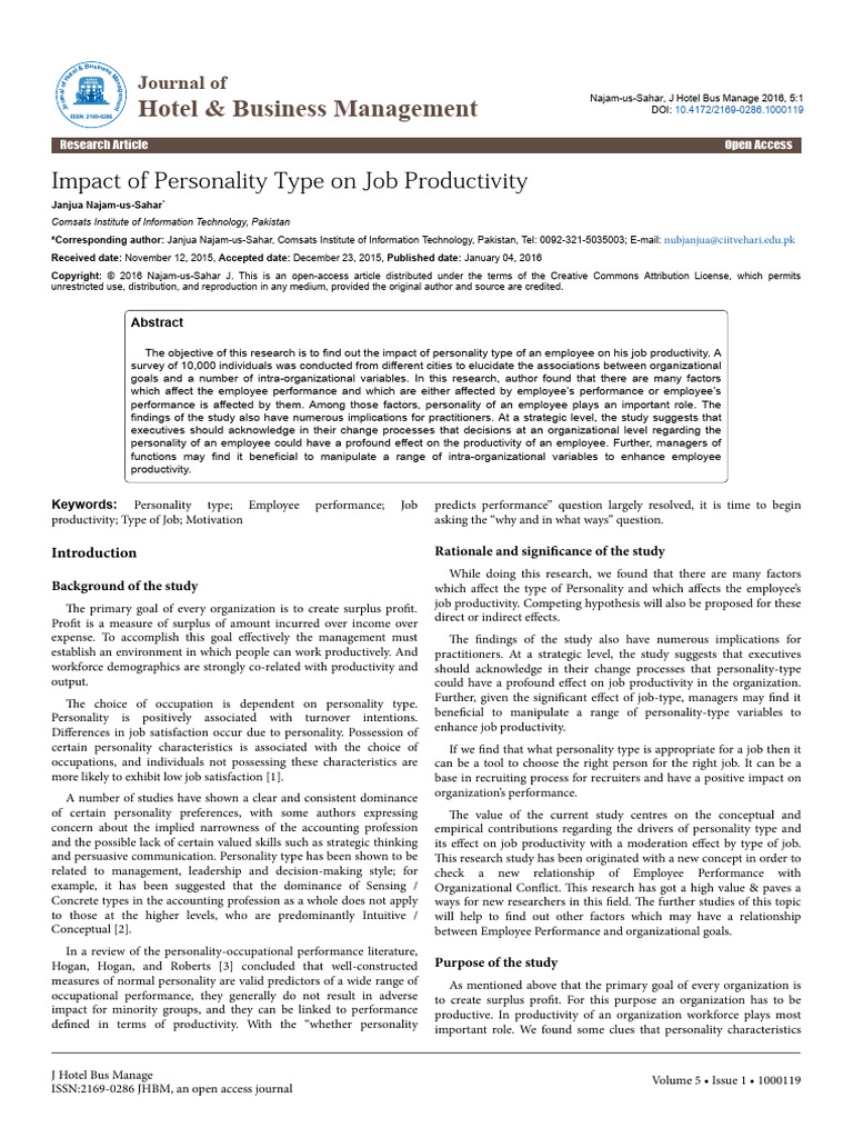 Impact of Personality Type On Job Productivity 2169 0286 1000119 | PDF ...