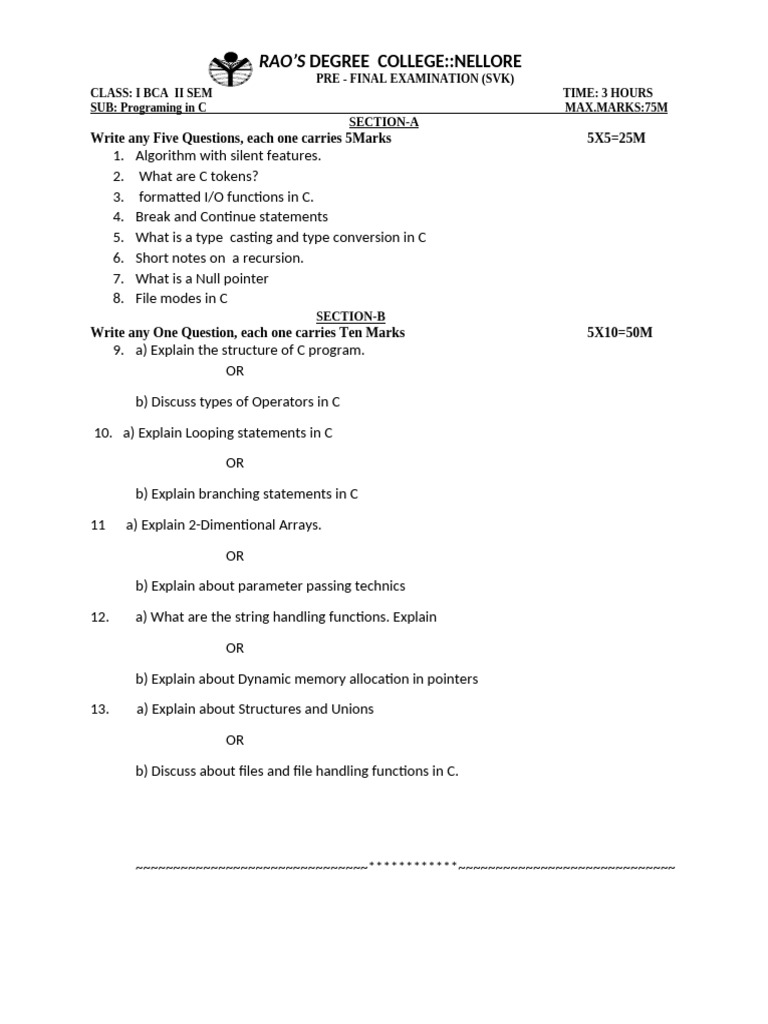 Bca 2nd Sem Pre Final QP | PDF